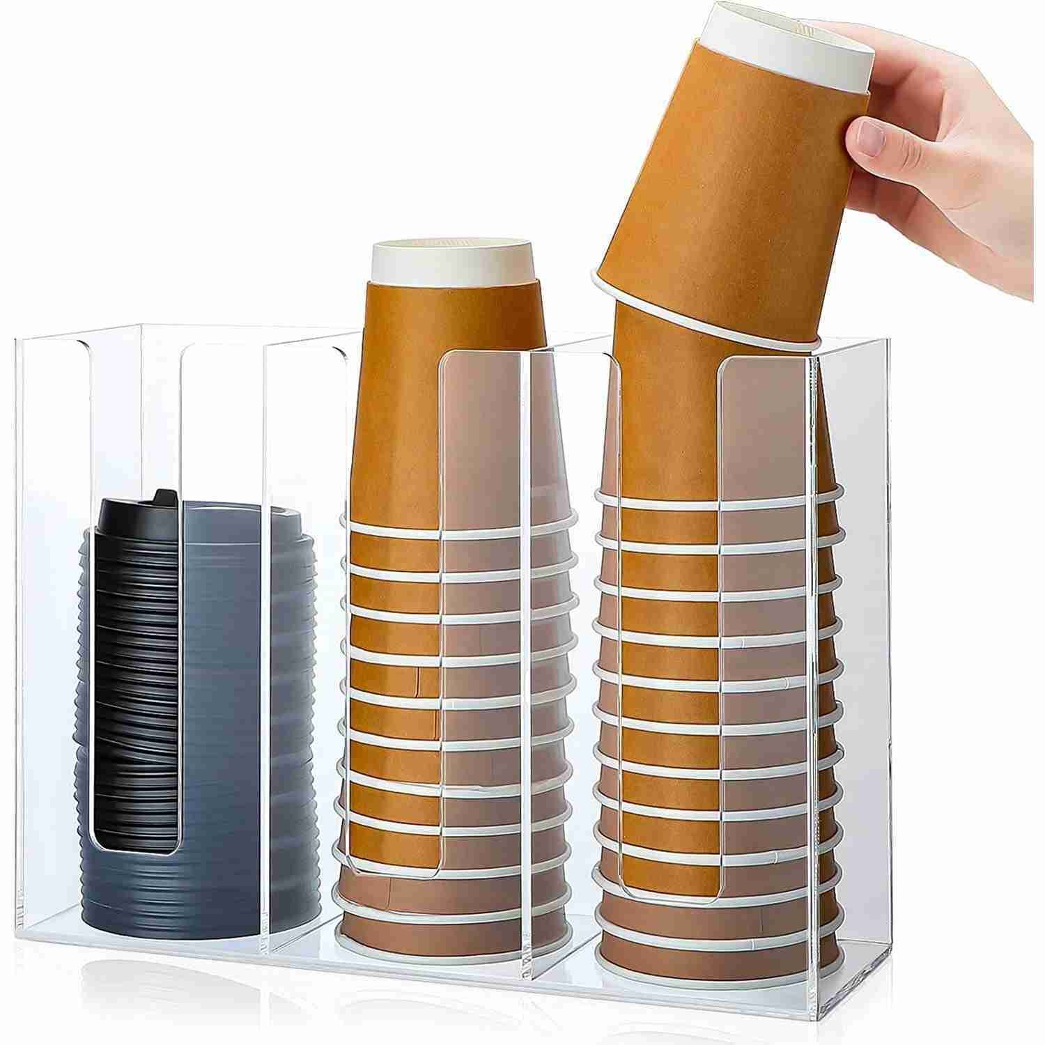 Acrylic Coffee Cup Lid Sleeve Dispensing Holder 3 Compartments Storage ...