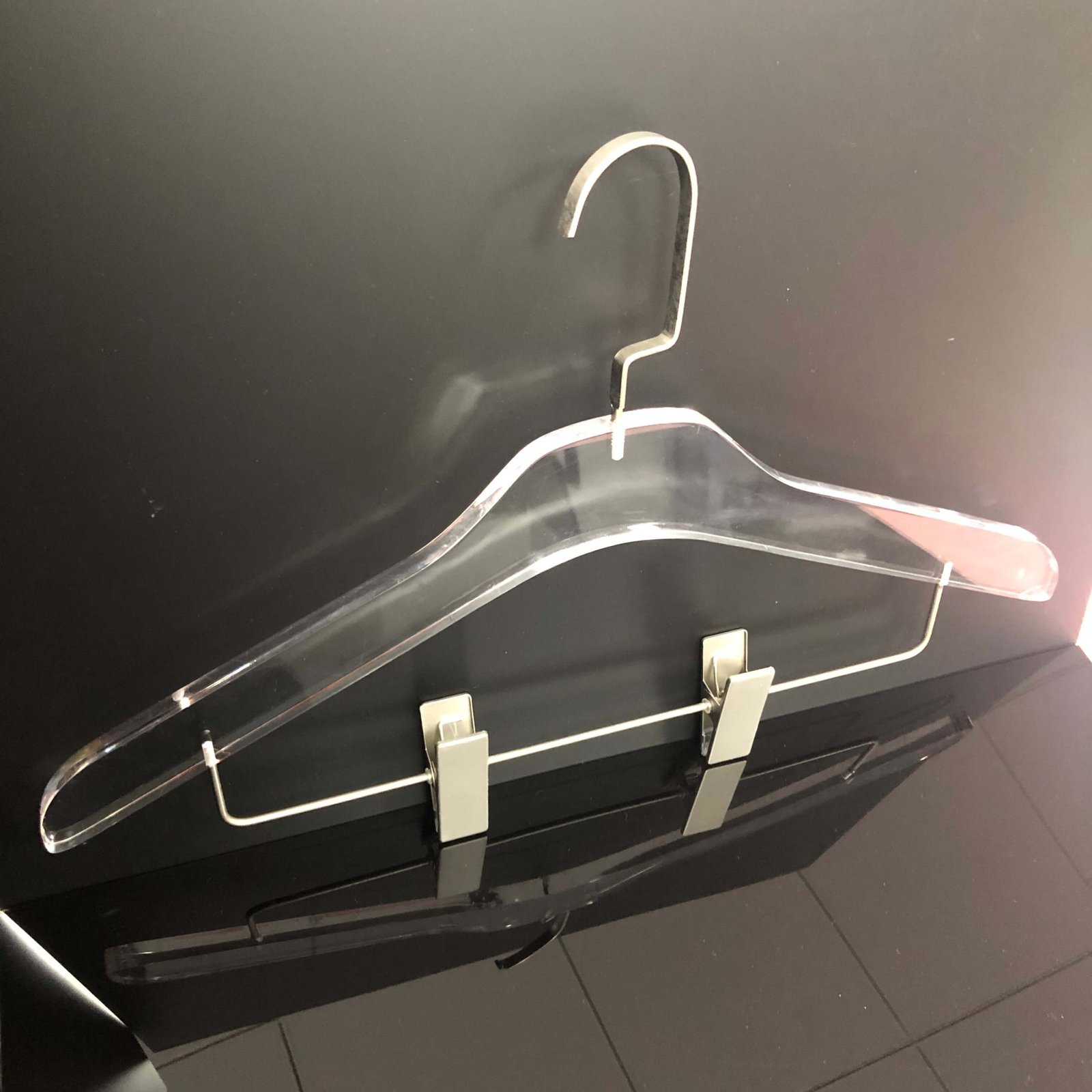 Clear Acrylic Hanger with Drop-hanging Clips 43 cm Wide - Chinov Display